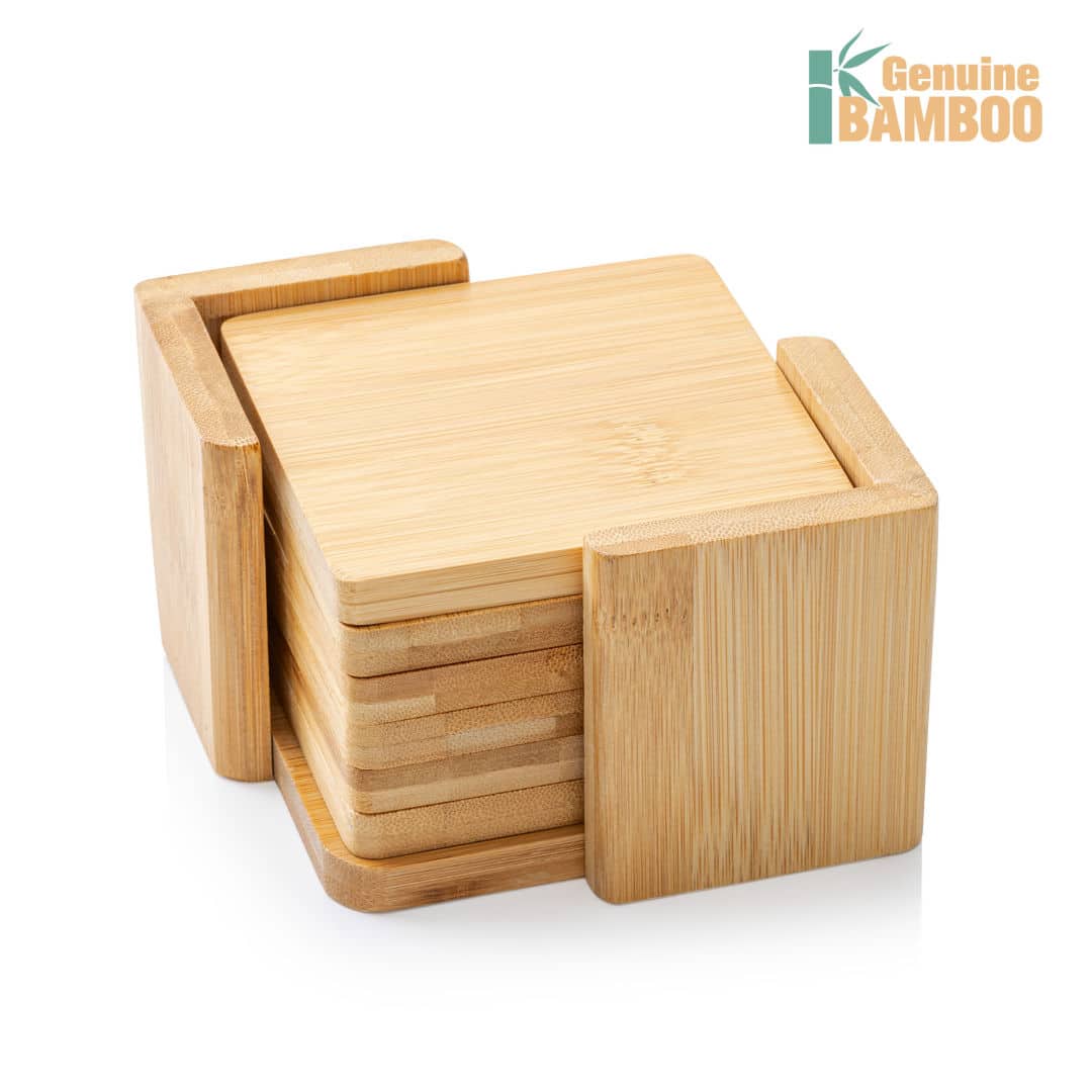 Custom Burke Bamboo Coasters Set – Square with Logo | BrandedCoasters.com