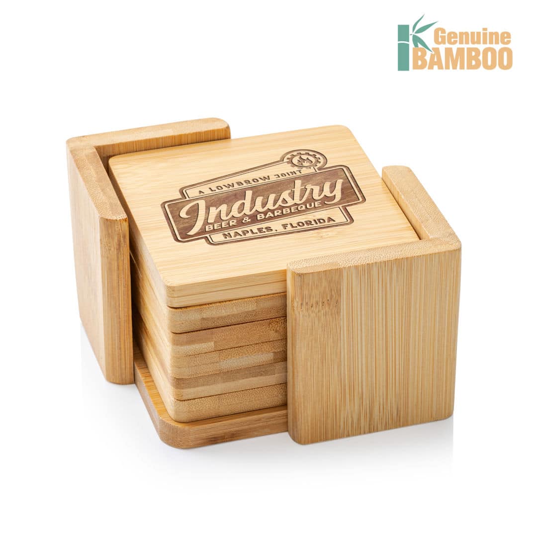 Custom Burke Bamboo Coasters Set – Square with Logo | BrandedCoasters.com